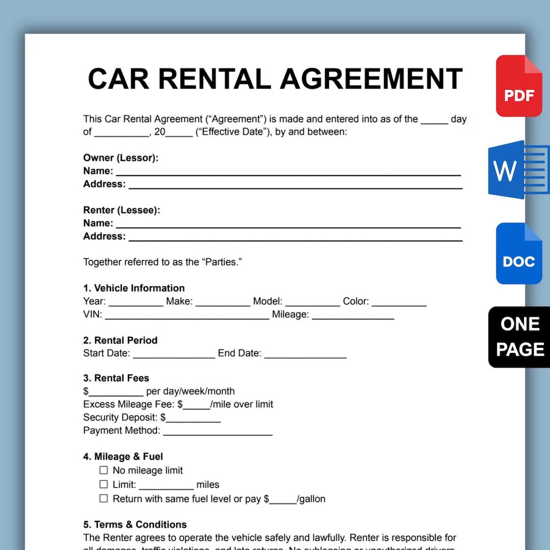 Printable Car Rental Agreement Template. One Page Car Rental Lease ...