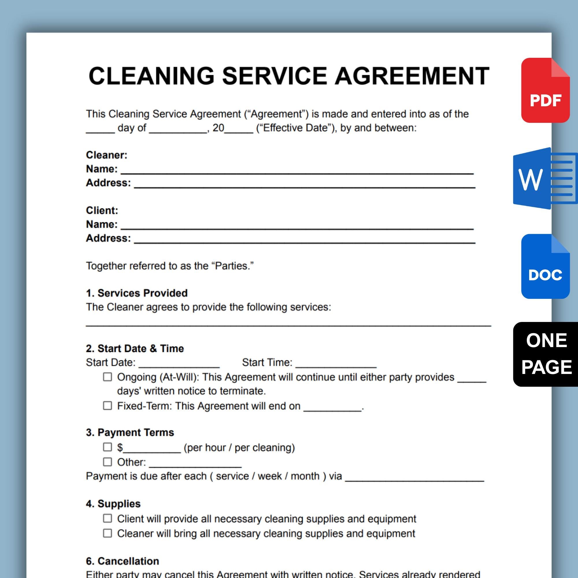 Printable Cleaning Service Agreement Template. One Page Housekeeper ...