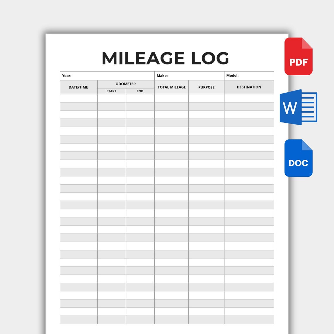 Printable Mileage Log Template – Car Mileage Sheet – Business Mileage ...