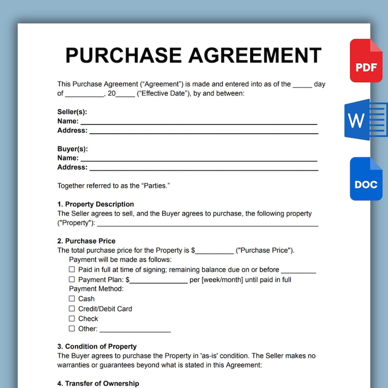 Printable Purchase Agreement Template. Property Purchase and Sale ...