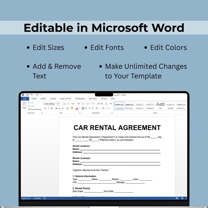 Printable Car Rental Agreement Template. One Page Car Rental Lease ...