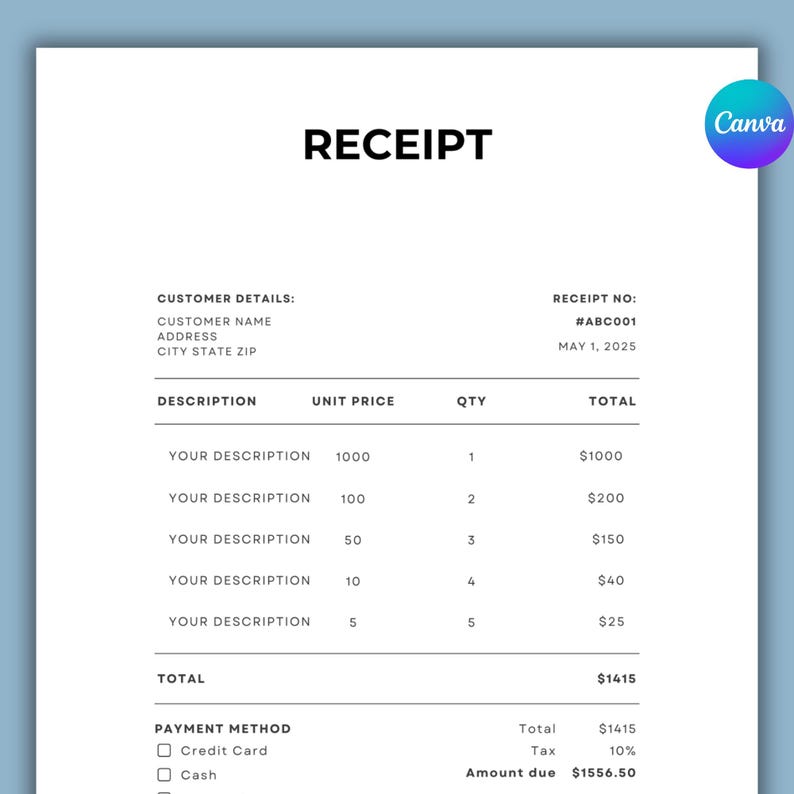 Editable Receipt Template. Sales Receipt for Small Business. Digital ...