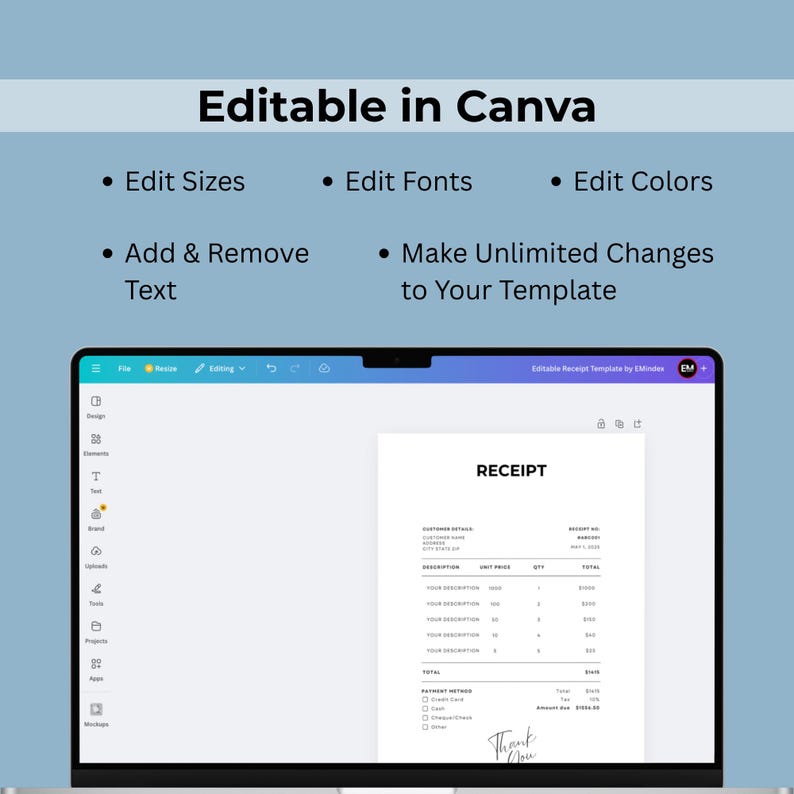 Editable Receipt Template. Sales Receipt for Small Business. Digital ...