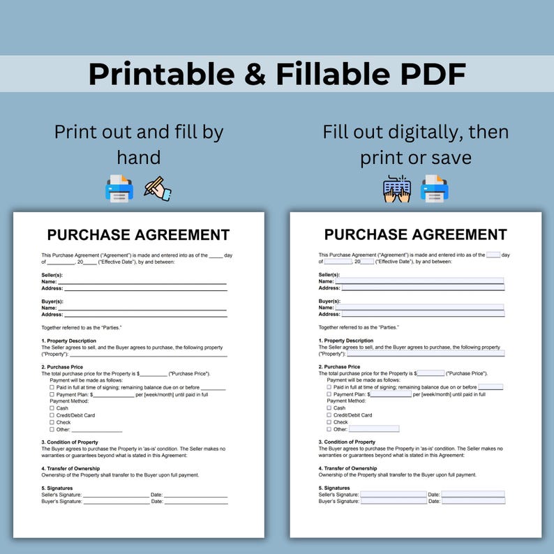 Printable Purchase Agreement Template. Property Purchase and Sale ...