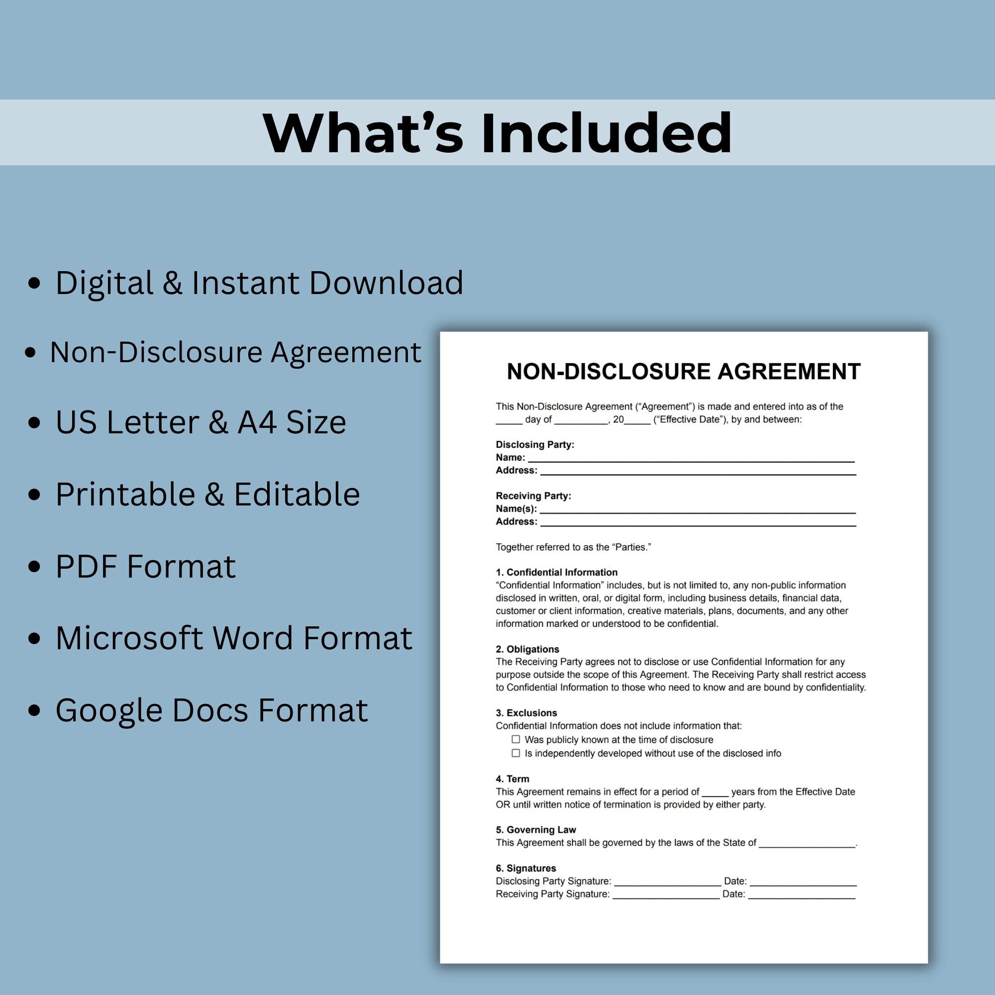 Printable Non-disclosure Agreement Template. One Page NDA Form for ...