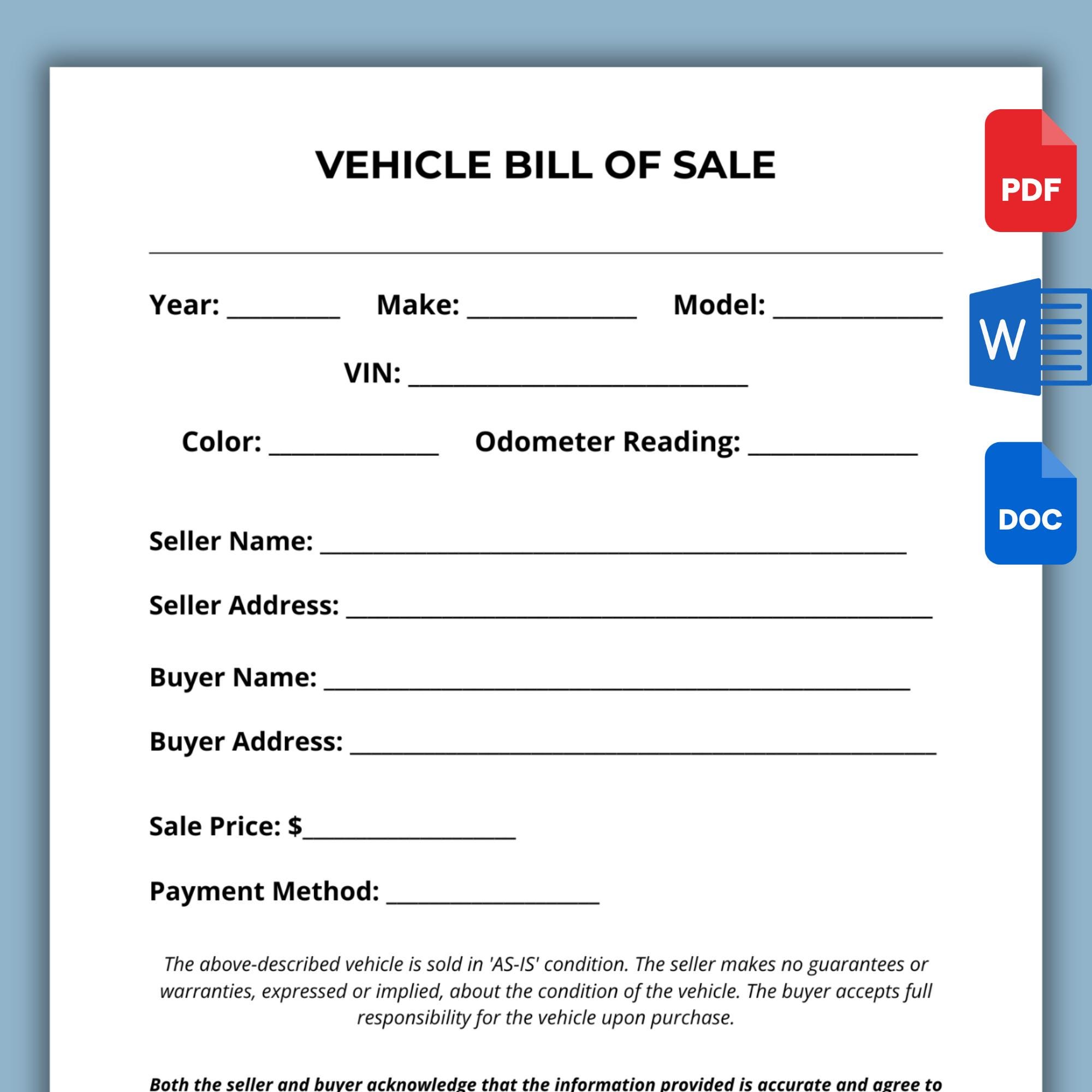Printable Vehicle Bill of Sale Template. Motor Vehicle Sale Contract ...