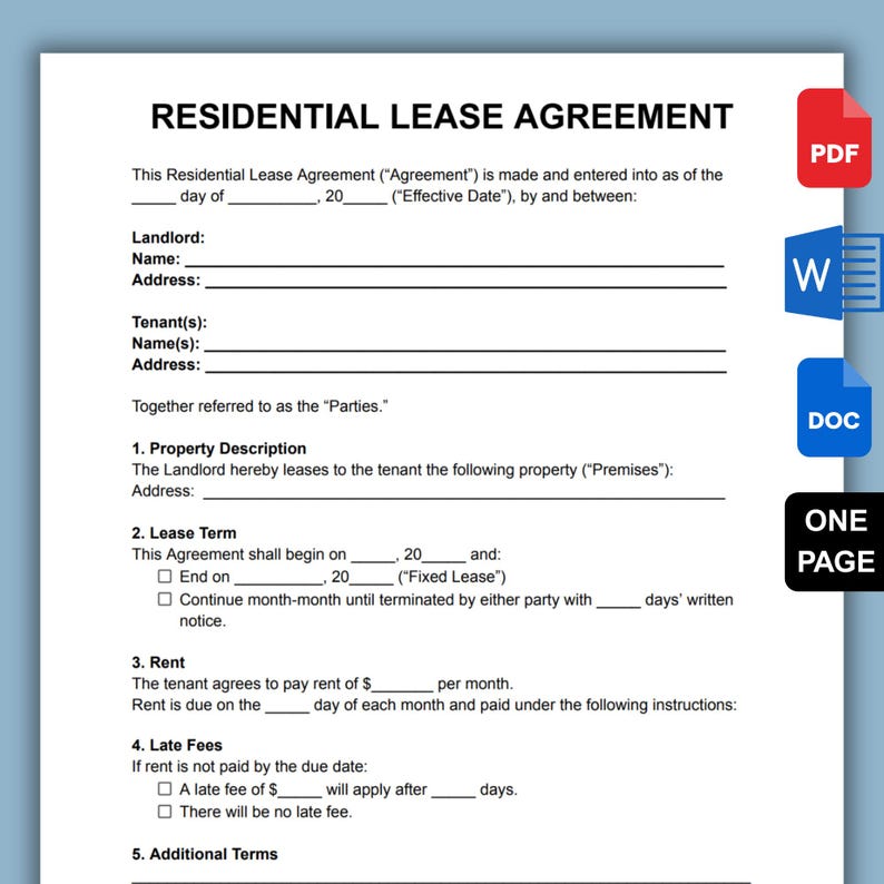 Printable Lease Agreement Template. One Page Rental Contract for ...