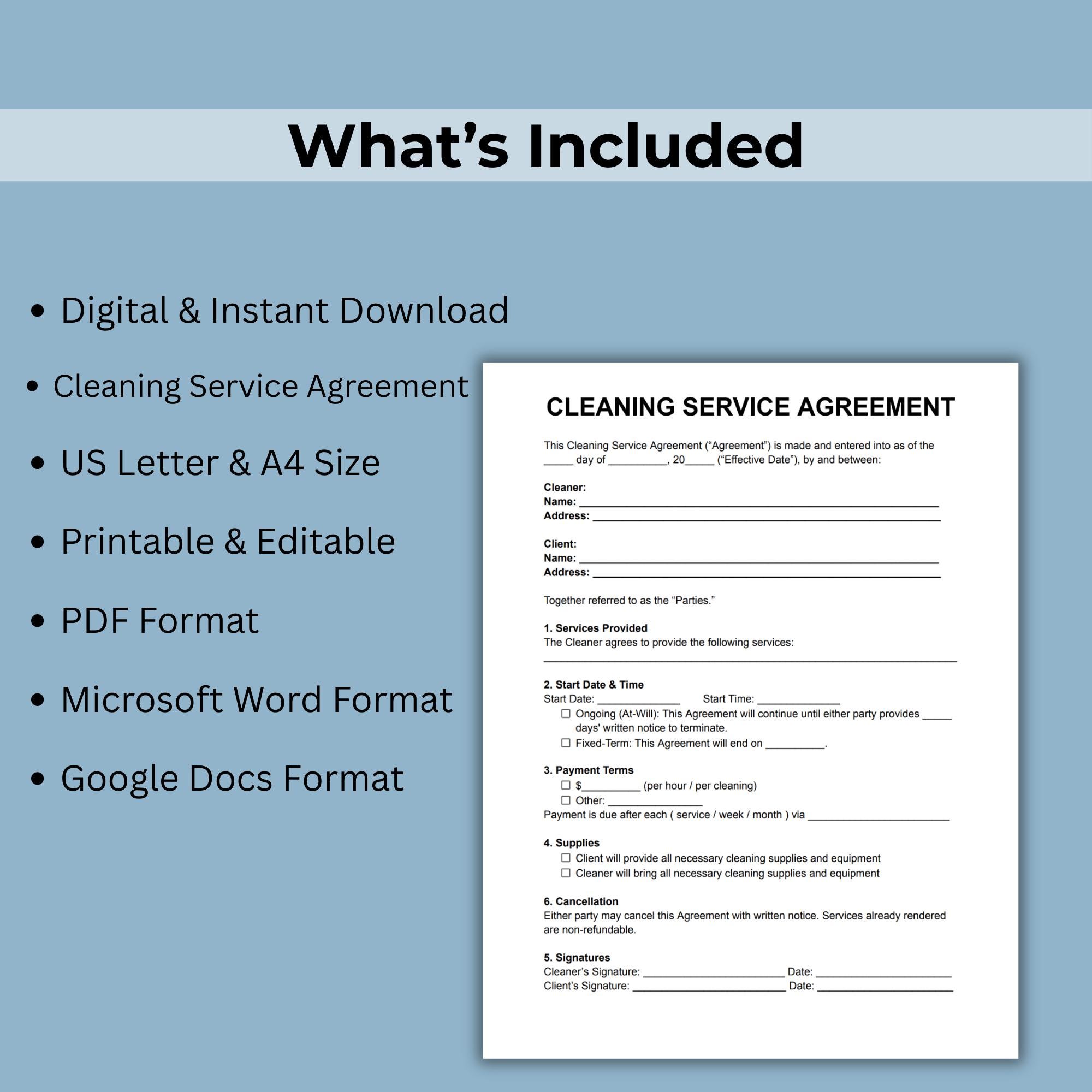 Printable Cleaning Service Agreement Template. One Page Housekeeper ...