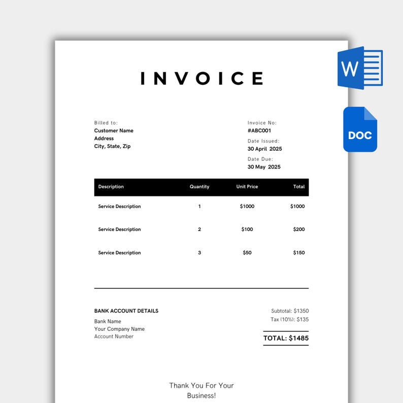 Editable Invoice Template – Custom Billing Form – Small Business ...