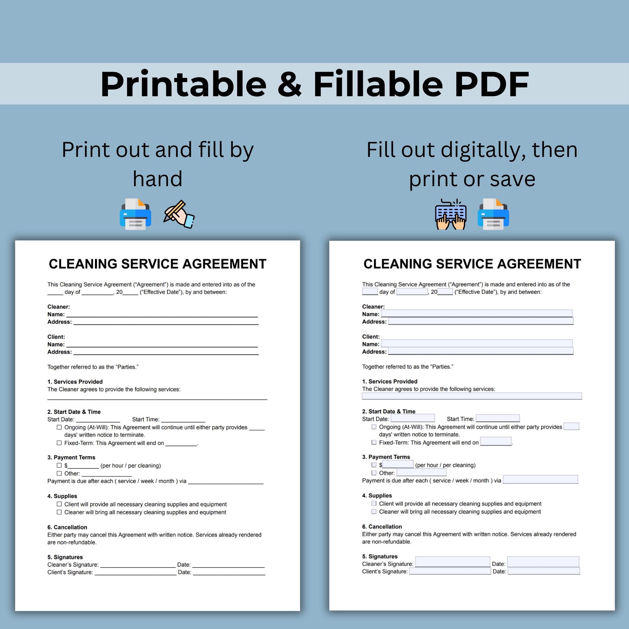 Printable Cleaning Service Agreement Template. One Page Housekeeper ...