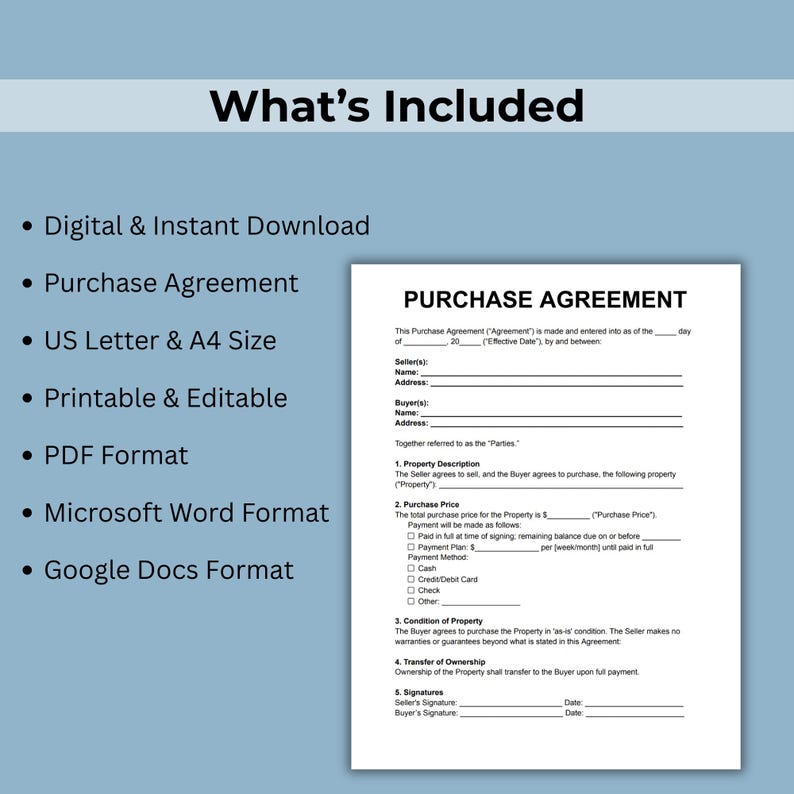 Printable Purchase Agreement Template. Property Purchase and Sale ...