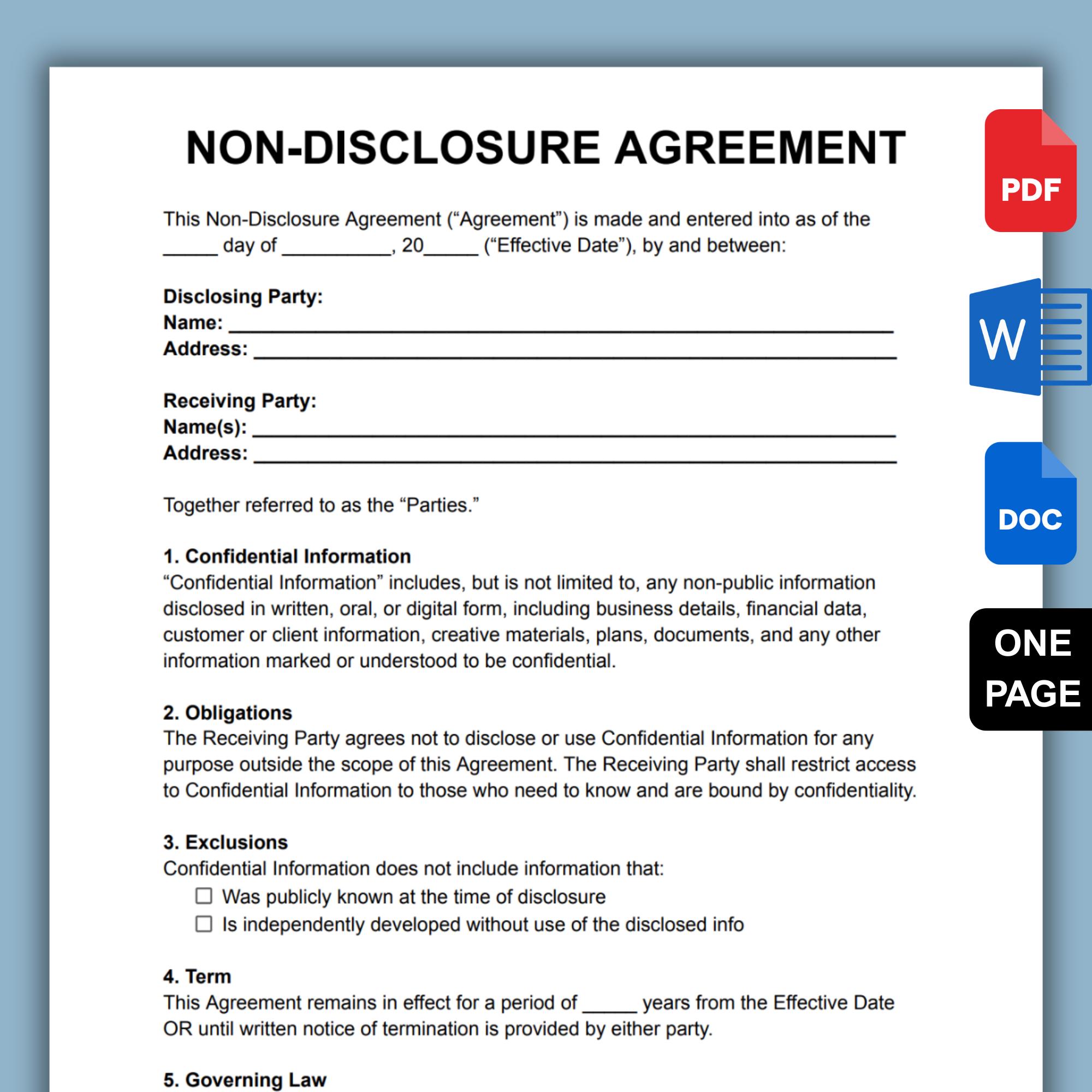 Printable Non-disclosure Agreement Template. One Page NDA Form for ...
