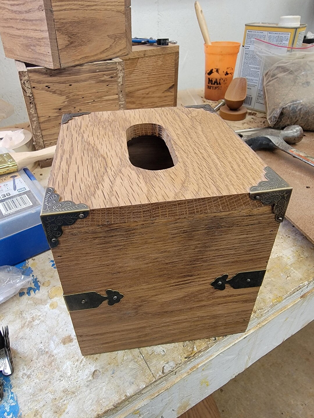 Oak Tissue Box Holder With Vintage Metal Corners and Center Bands - Etsy