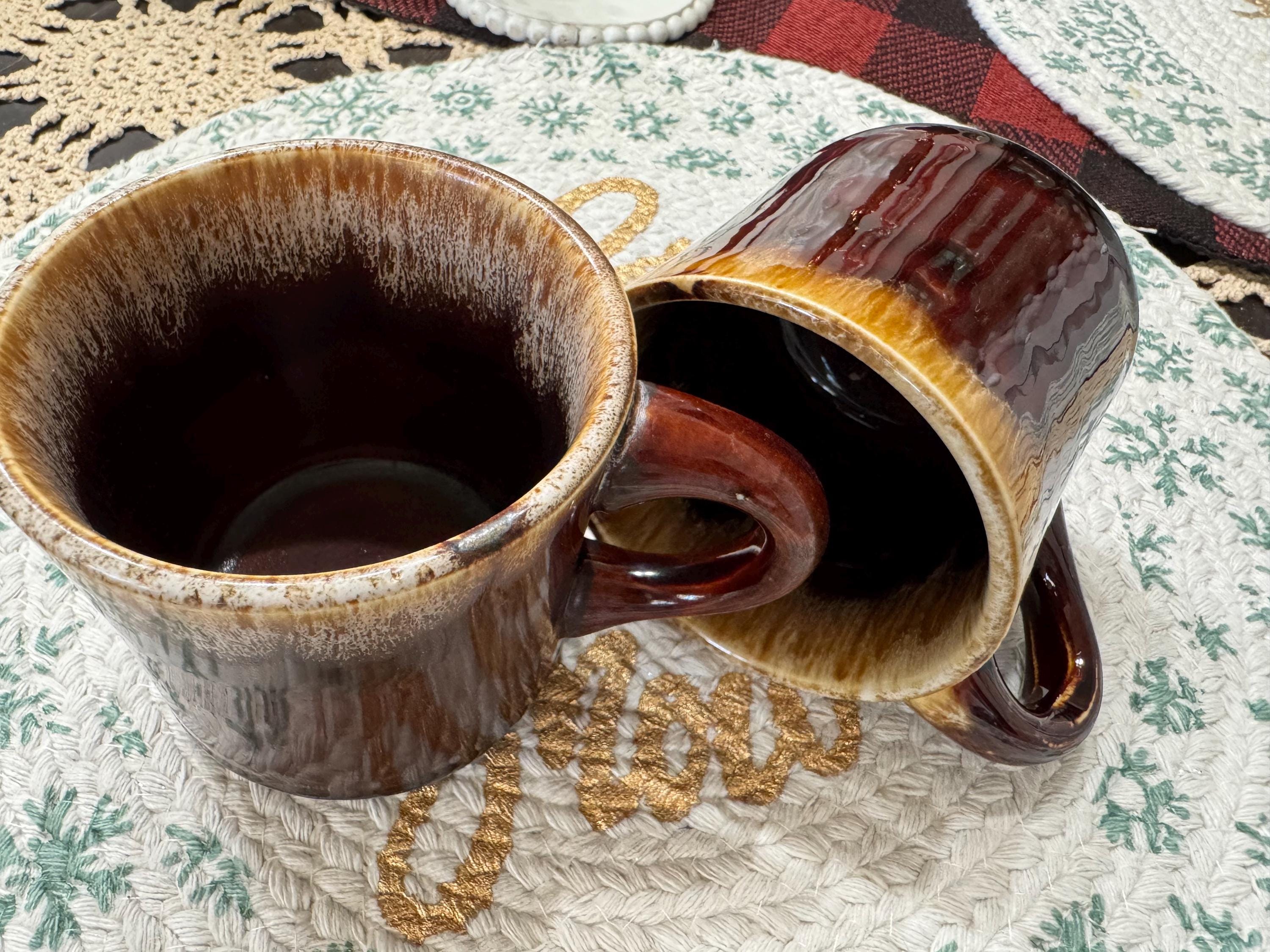 Vintage Hull Pottery Brown Drip Glaze Oven Proof USA Coffee Cups Mugs ...