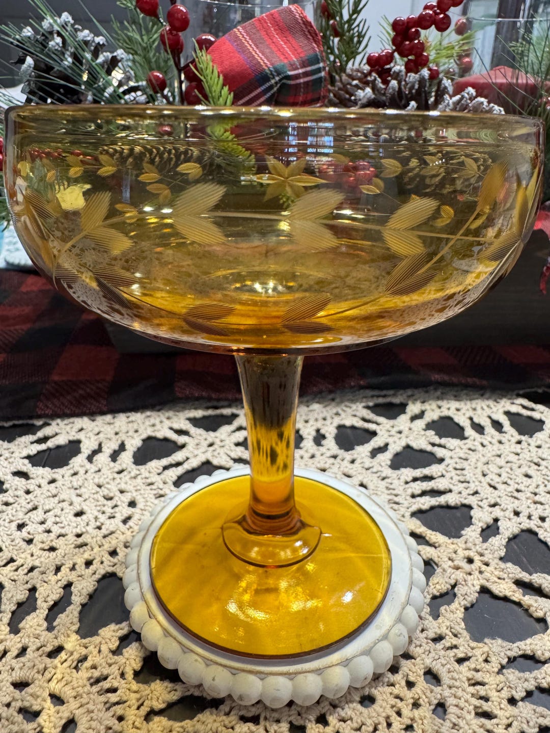 Vintage Amber Glass Compote Bowl or Candy Dish With Etched Leaves and ...