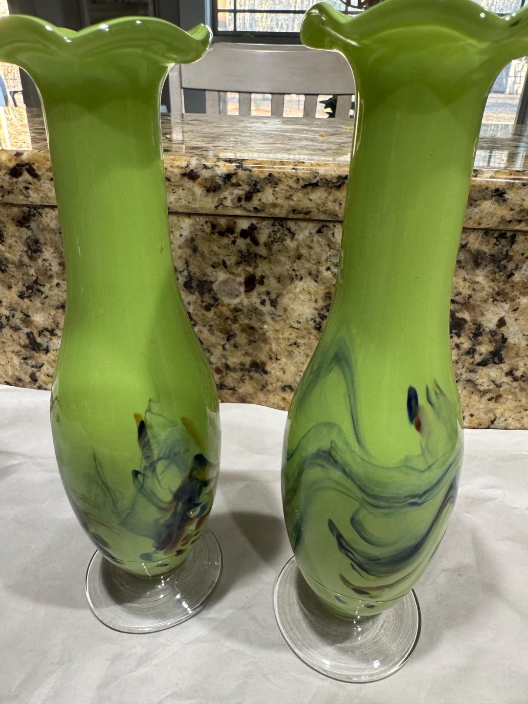 Vintage LIME GREEN VASE With Blue Swirl Glass Set of 2 Art Glass Footed ...