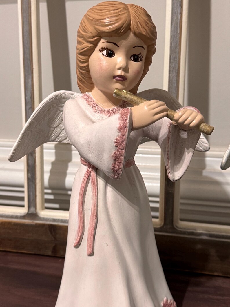 Pair of Vintage Hand Painted Ceramic Angel Figurines With Harp & Flute ...