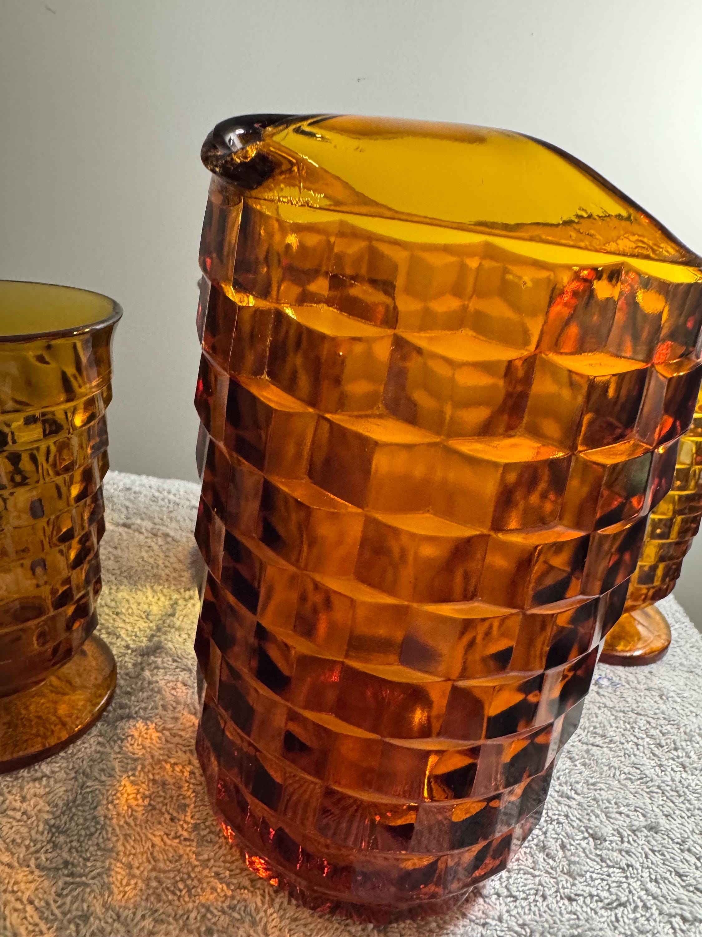 Fostoria Cubist Whitehall Pattern Amber Color Ice Cube Pitcher & 7 ...