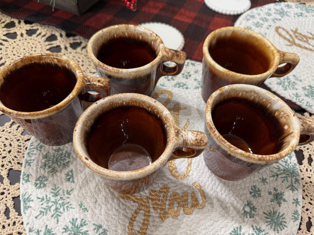 Vintage Hull Pottery Brown Drip Glaze Oven Proof USA Coffee Cups Mugs ...