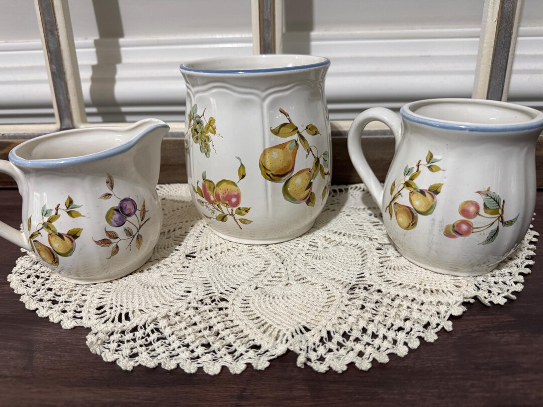 VTG Fruit Motif Creamer, Cup, and Small Utensil Holder Made in Japan ...