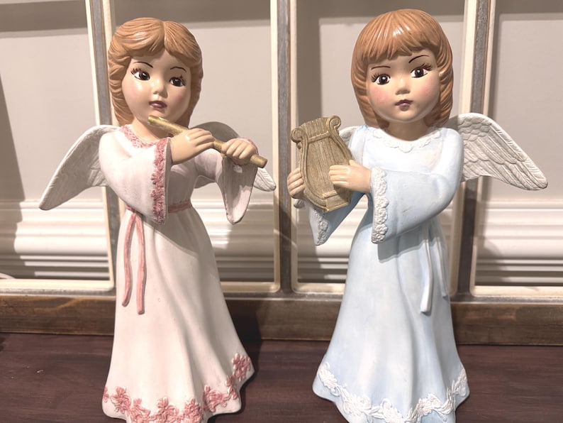 Pair of Vintage Hand Painted Ceramic Angel Figurines With Harp & Flute ...