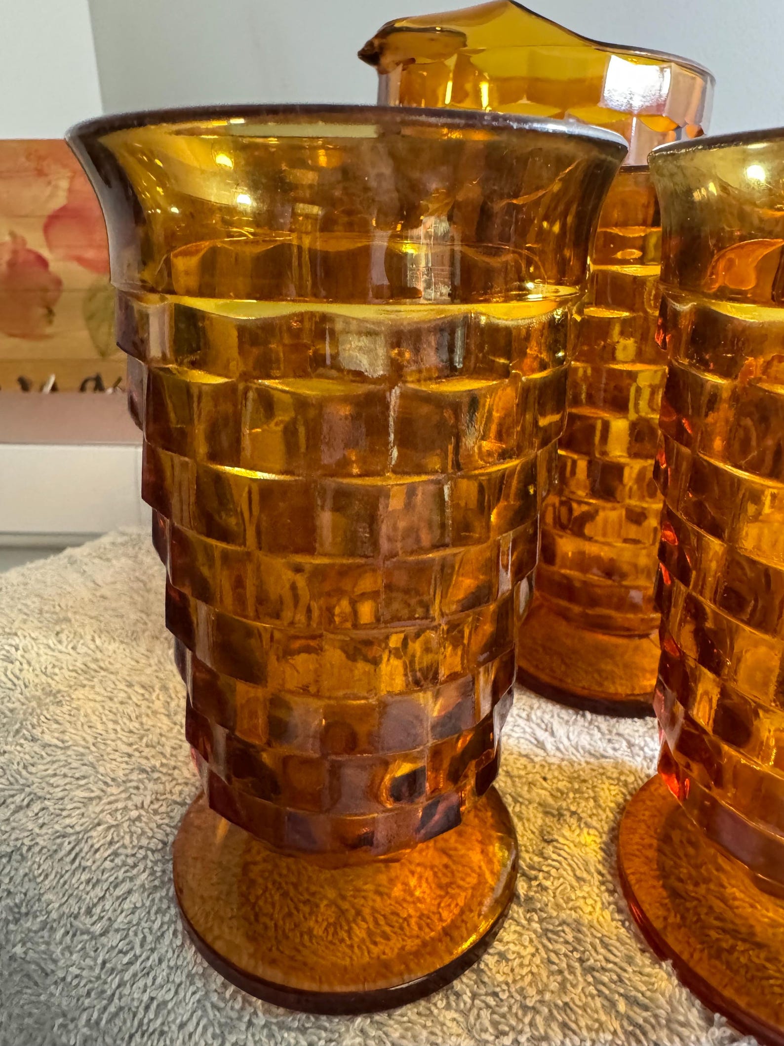 Fostoria Cubist Whitehall Pattern Amber Color Ice Cube Pitcher & 7 ...