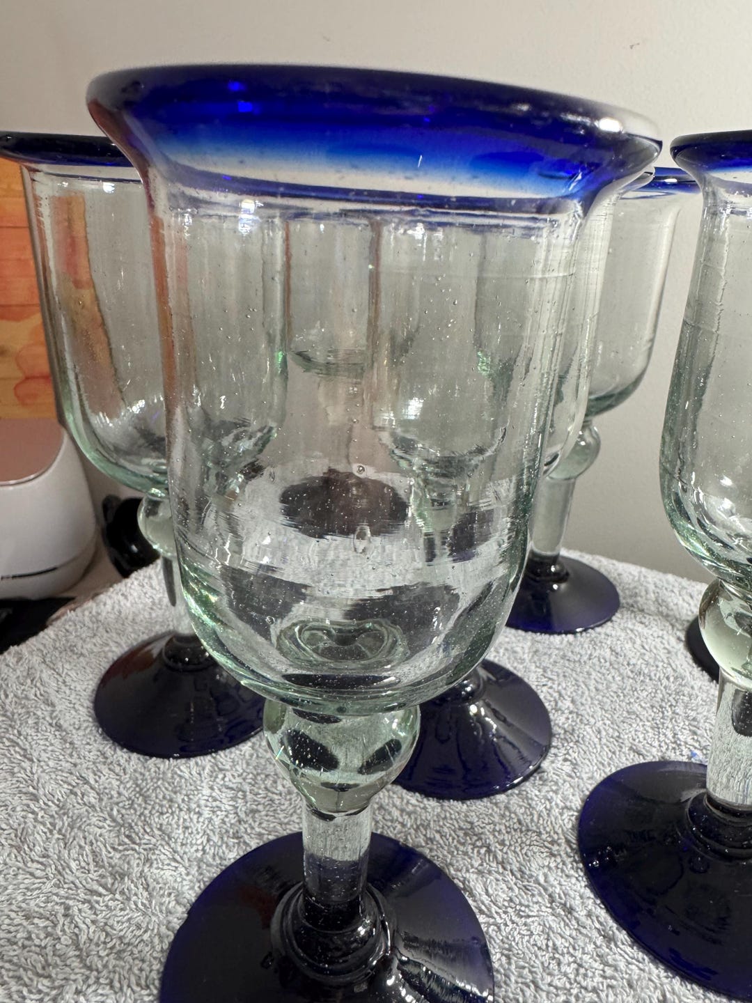 Mexican Handblown Glass Wine Water Goblets 8 3/4 Tall Clear With Blue ...