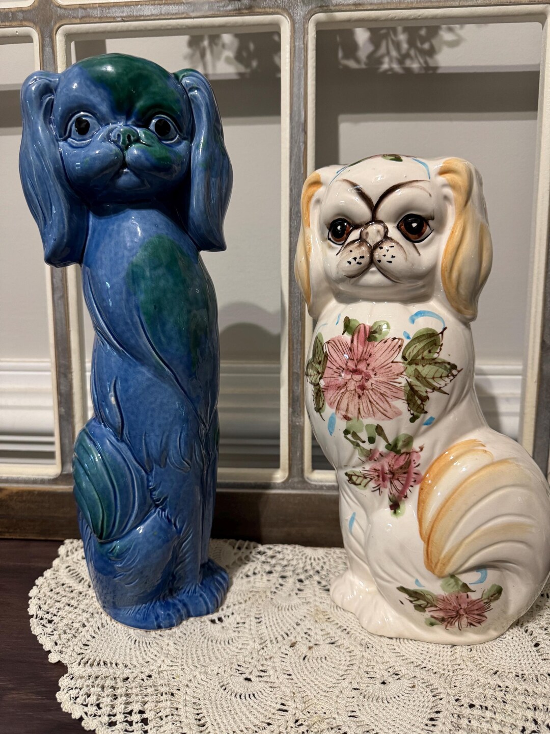 Vintage Porcelain Pekingese Dog Statue - Floral or Blue Green - Made in ...