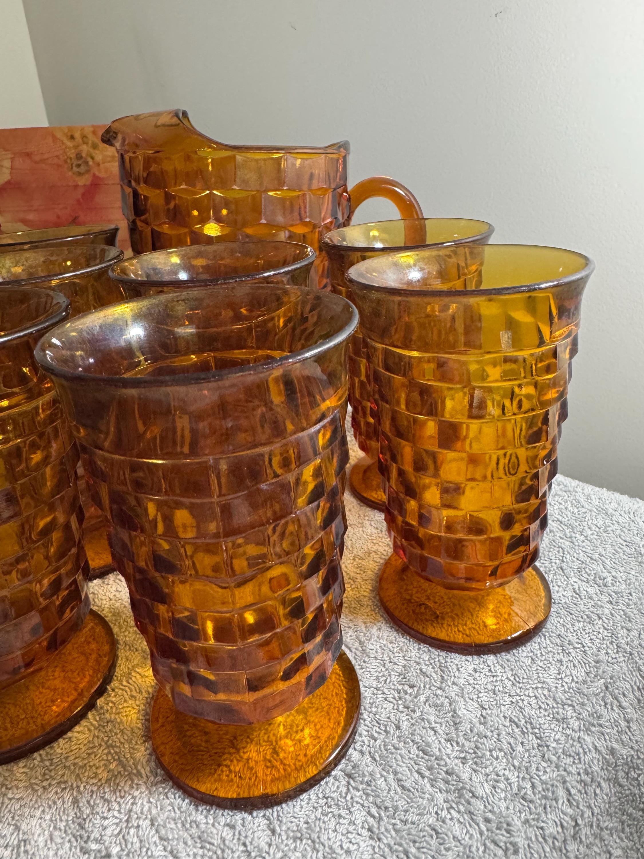 Fostoria Cubist Whitehall Pattern Amber Color Ice Cube Pitcher & 7 ...