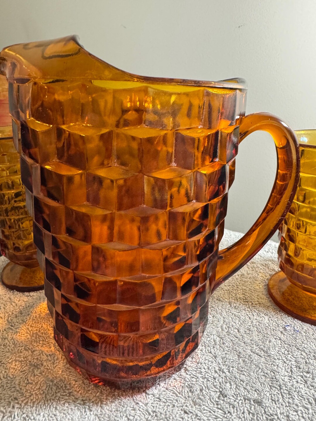 Fostoria Cubist Whitehall Pattern | Amber Color Ice Cube Pitcher & 7 ...
