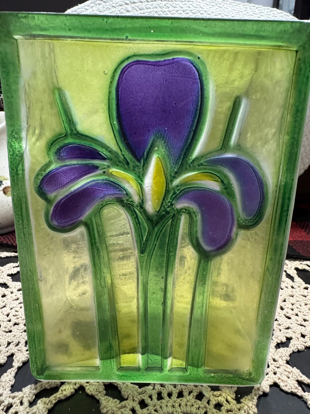 Vtg F.T.D.A. 1985 Romania Art Glass Iris Stain Glass Rectangular Flower ...