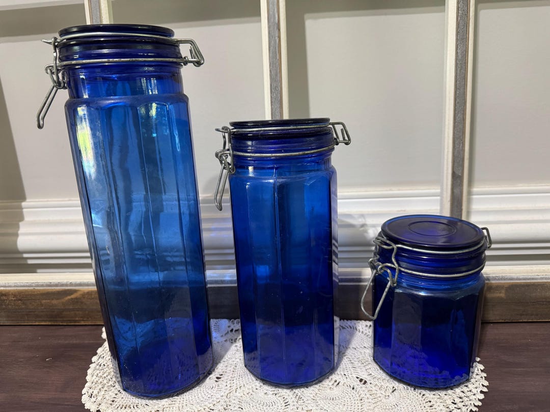 Vintage Cobalt Blue Glass Canister Set: Farmhouse Kitchen Storage Jars ...
