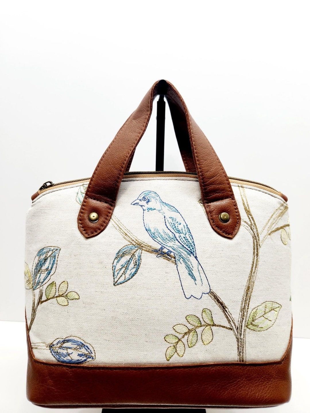 Beautiful Birds! Stunning Handcrafted Linen and Leather Trim Handbag ...