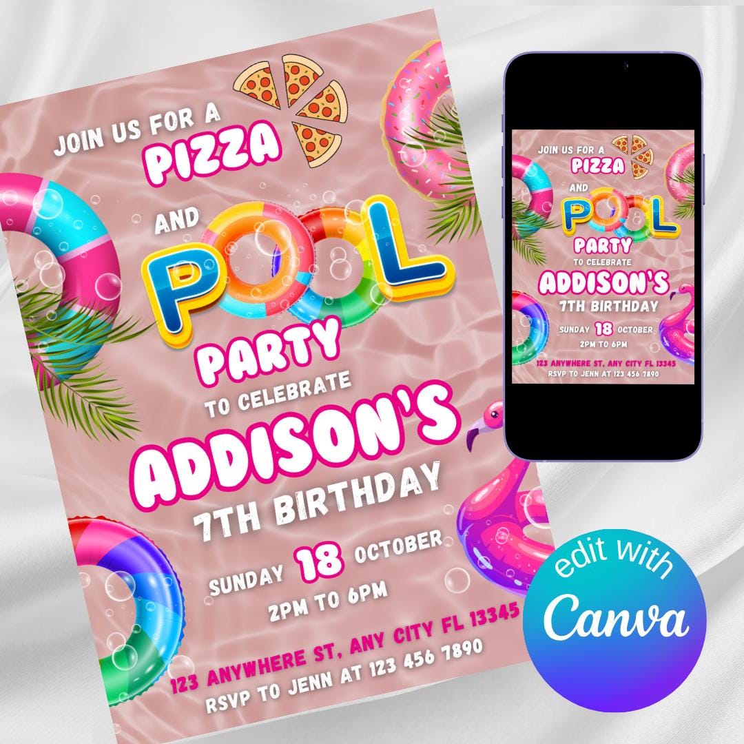 Pizza Pool Party Invitation, Girl Pool Party, Pizza and Pool Party ...