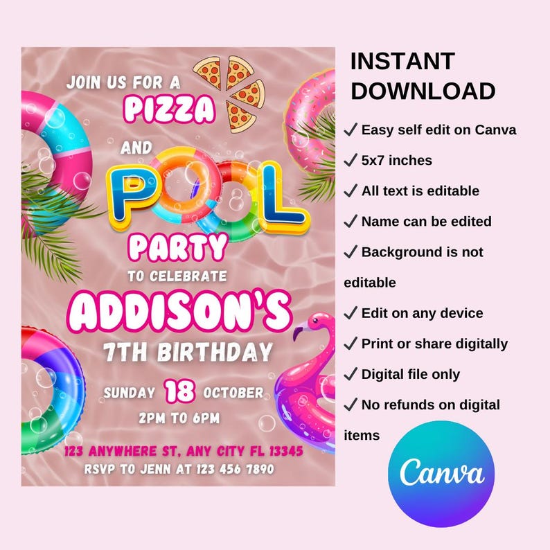 Pizza Pool Party Invitation, Girl Pool Party, Pizza and Pool Party ...