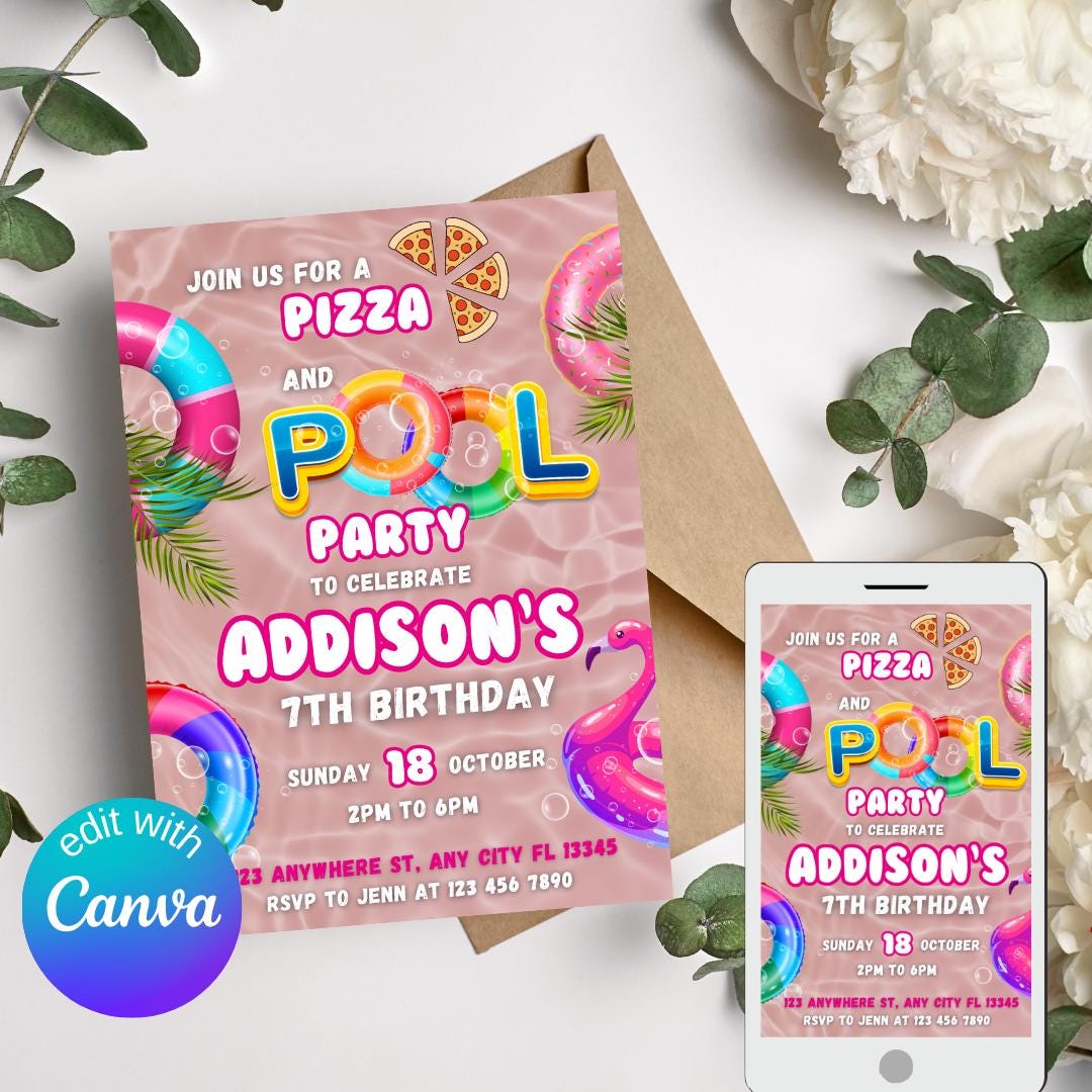 Pizza Pool Party Invitation, Girl Pool Party, Pizza and Pool Party ...