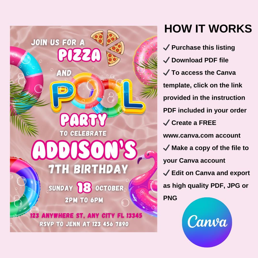 Pizza Pool Party Invitation, Girl Pool Party, Pizza and Pool Party ...