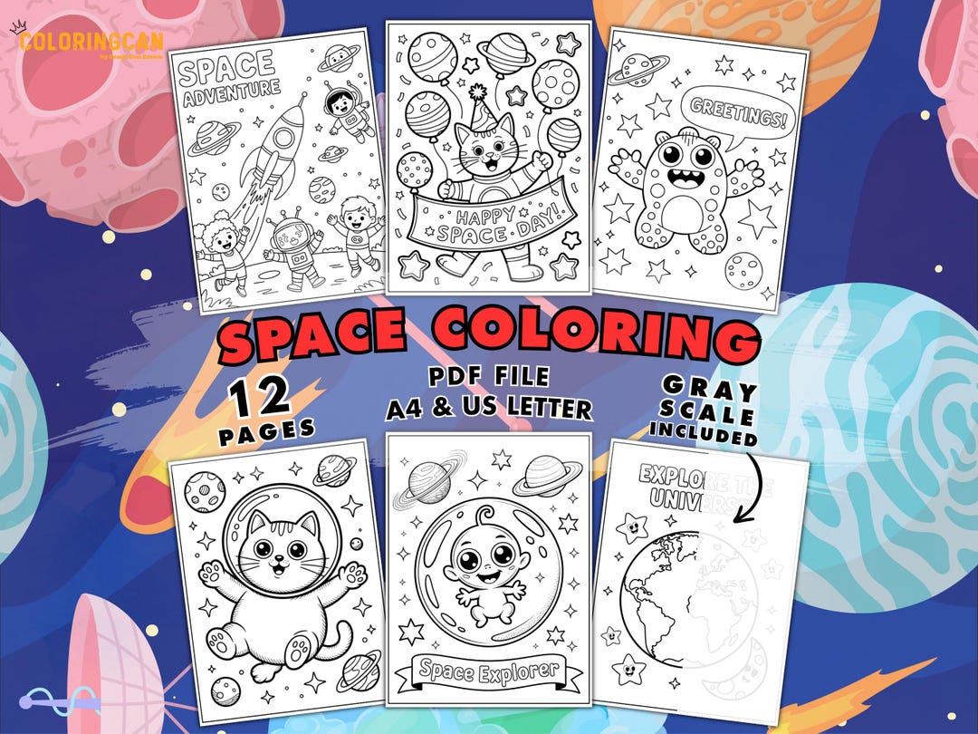 Space Theme Coloring Book, Cute Digital Planet Coloring Book, Galaxy ...