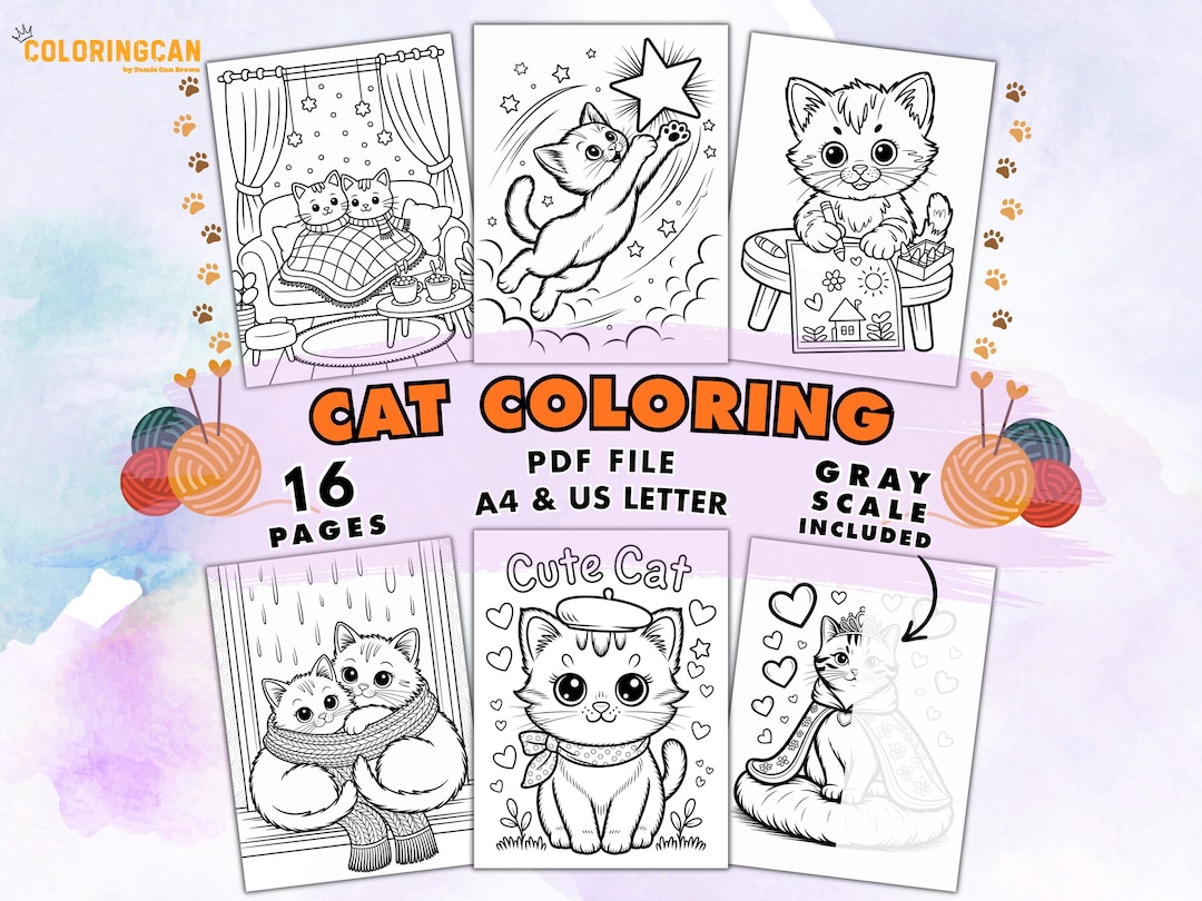 Cute Cat Coloring Book, Furry Feline Stress Relief Pages, Easy Relaxing ...