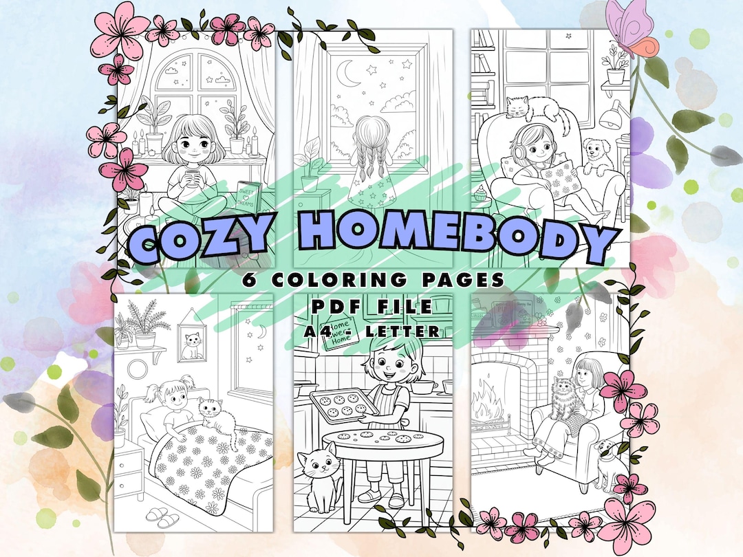 Cozy Homebody Coloring Pages, Cute Homeschool Fun Digital Coloring Book ...