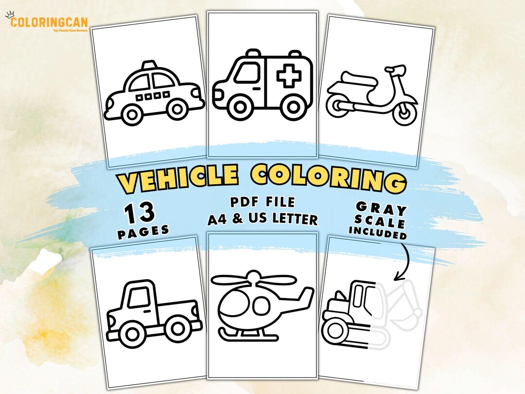 Vehicle Coloring Book, Cute Homeschool Car Digital Pages, Easy Relaxing ...