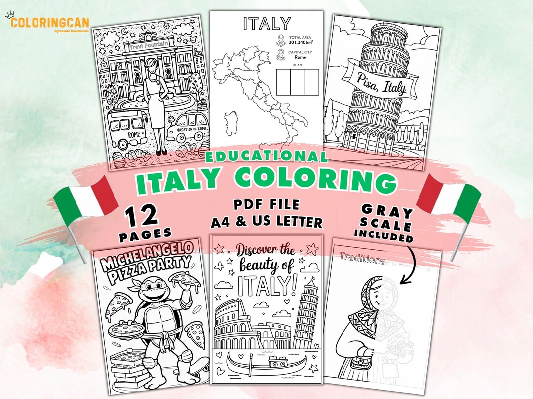 Educational Italy Coloring Book, Cultural Activity With Map Digital ...