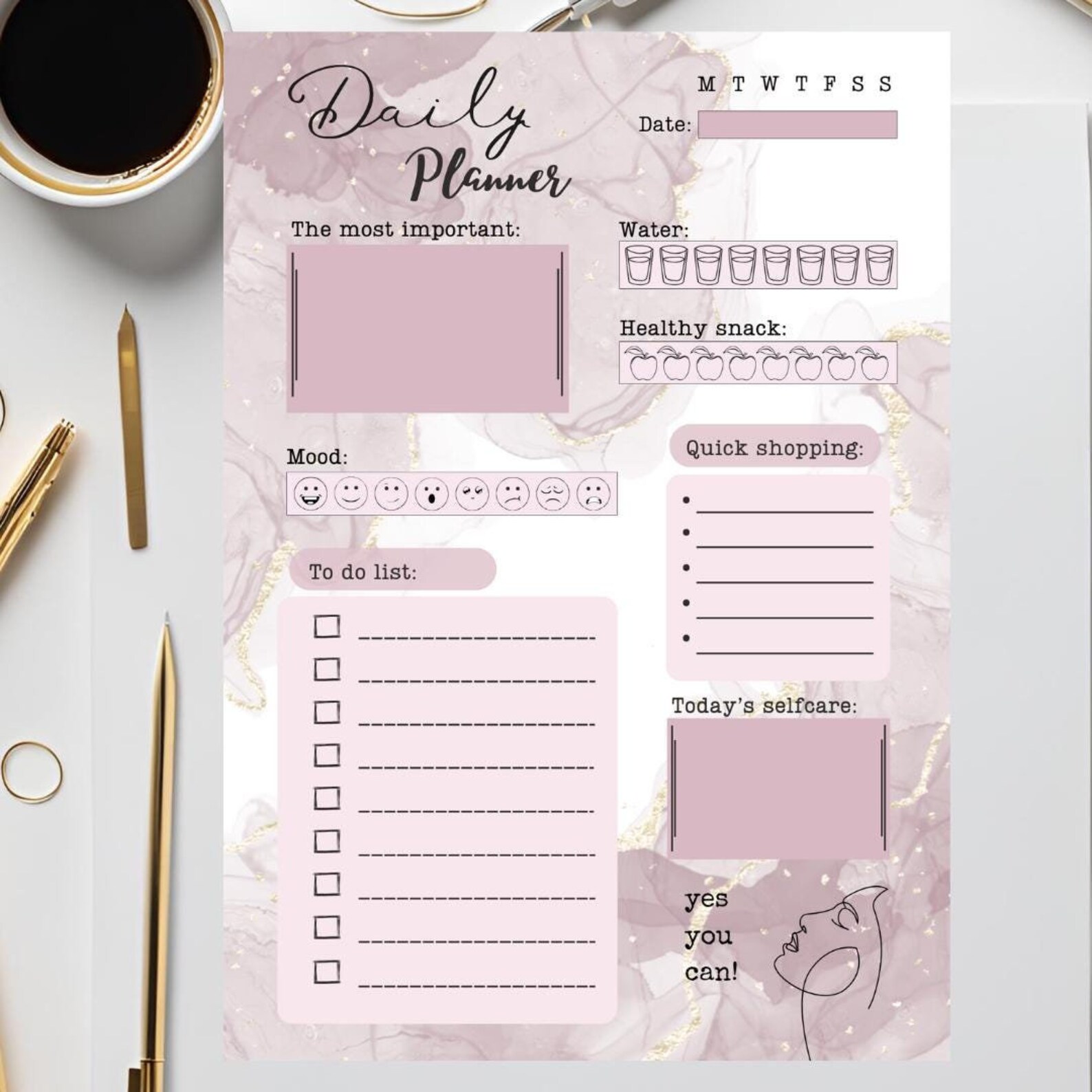 Daily Planner Printable Pink Marble With Selfcare Section and Affirming ...