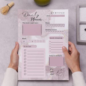 Daily Planner Printable Pink Marble With Selfcare Section and Affirming ...
