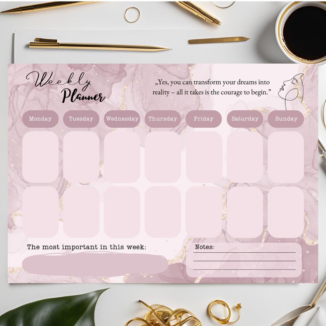 Weekly Planner Printable Pink Marble Digital Minimalistic With Boho ...