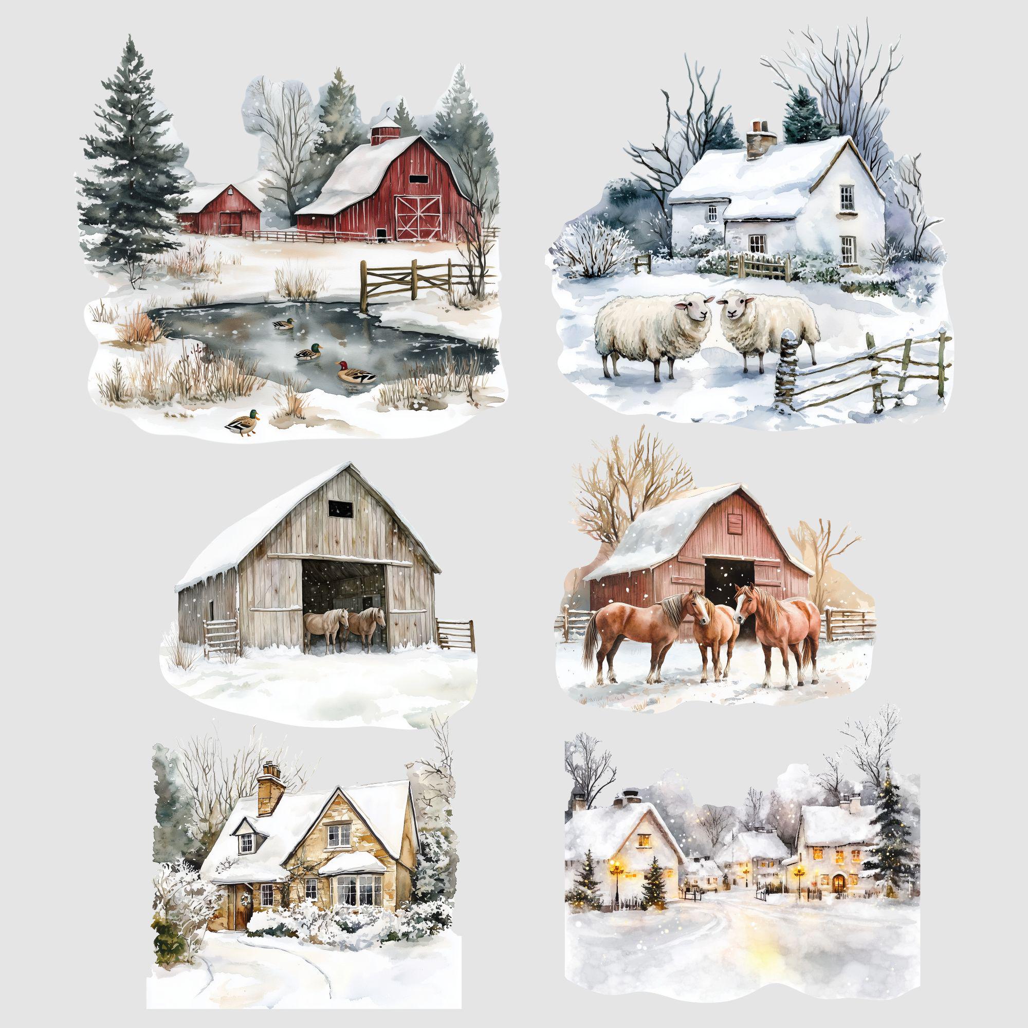 Watercolor Winter Countryside Clipart, Winter Scenery Landscapes ...