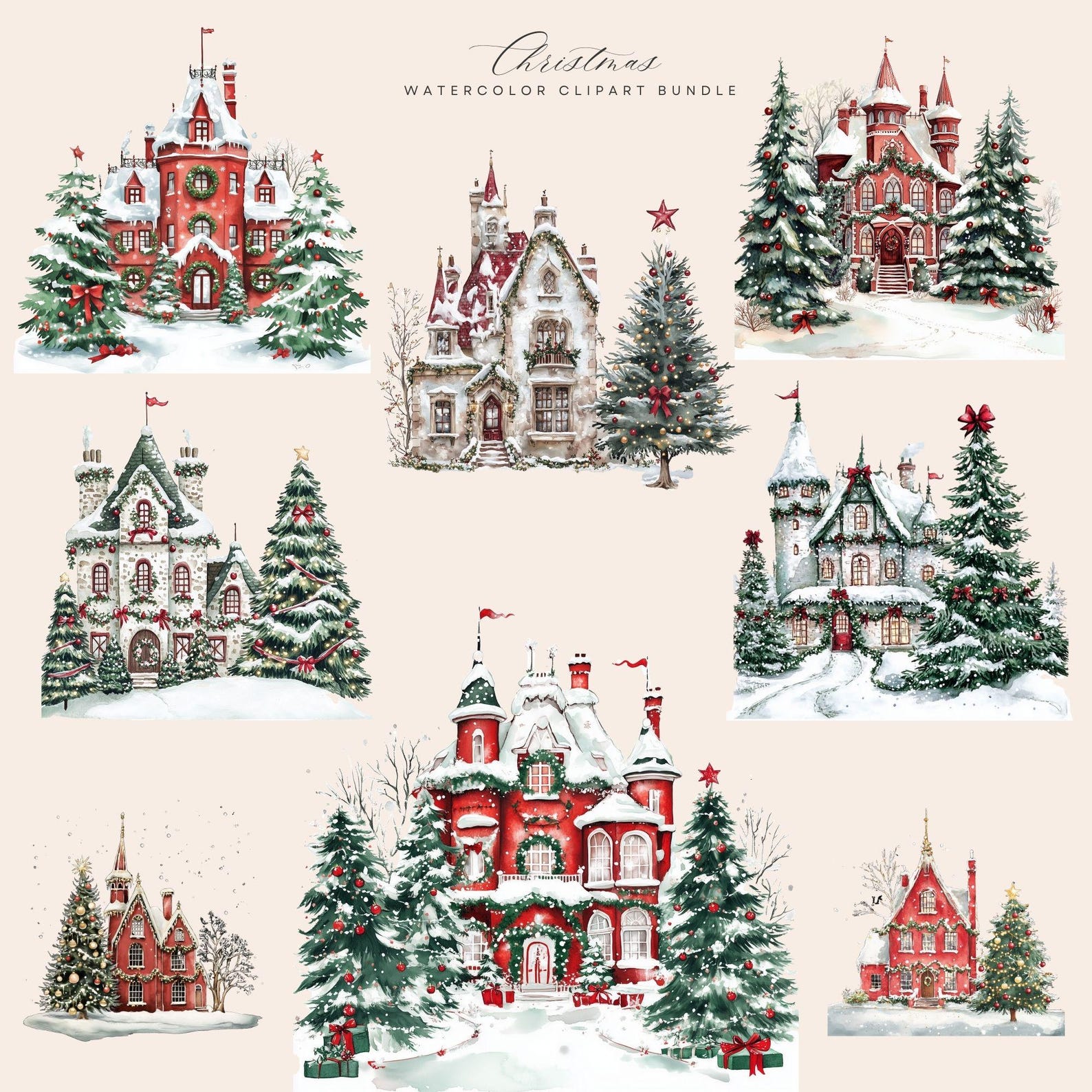 Watercolor Christmas House Clipart | Snowy Cabins, Holiday Doors ...