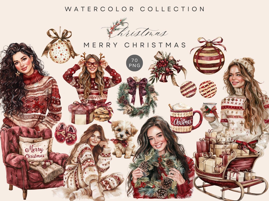 Watercolor Merry Christmas Clipart Bundle – Cozy Holiday PNG Set ...