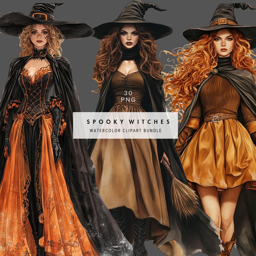 Watercolor Spooky Witches Clipart, Halloween Witch Art Png, Spooky ...