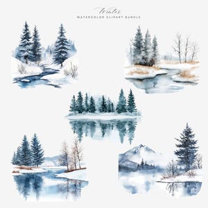 Watercolor Winter Landscape Clipart, Winter Scenery Clipart, Snowy ...